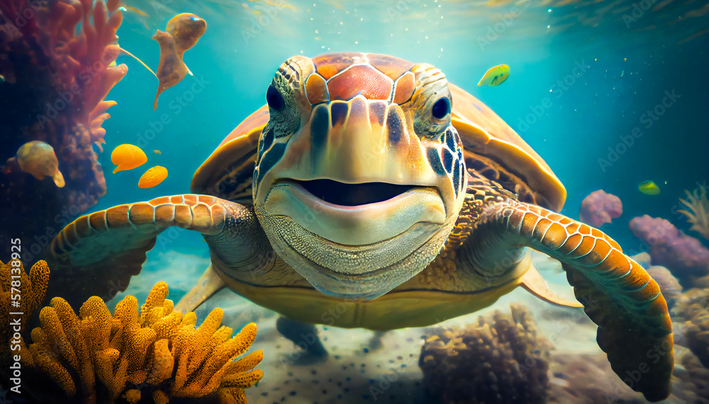 Joyful smiling sea turtle swimming underwater. Generative AI Stock ...