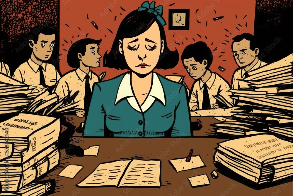 Teacher sitting at desk looking stressed and overworked, piles of ...