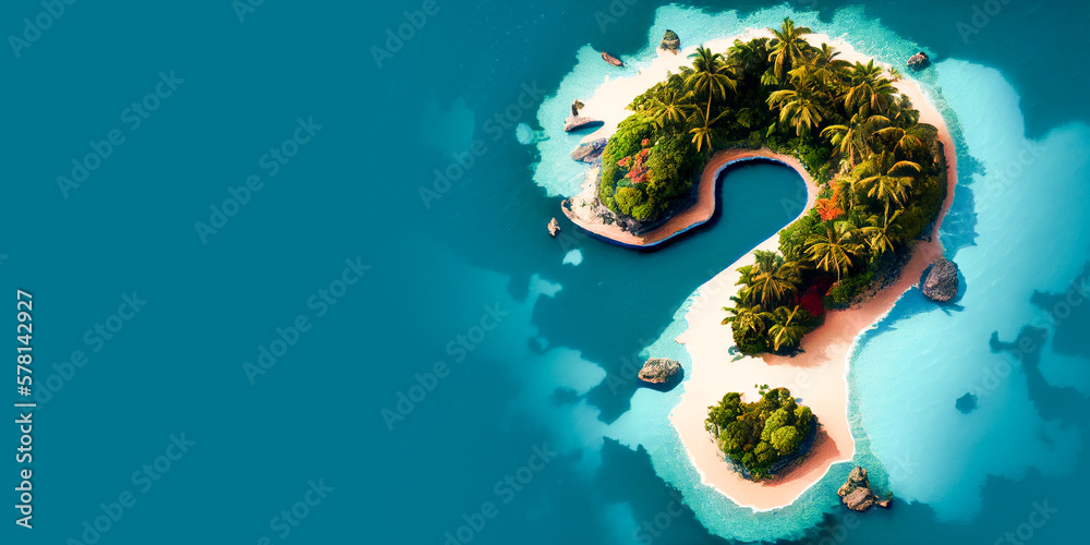 Tropical island with a question mark shape; travel and freedom concepts ...