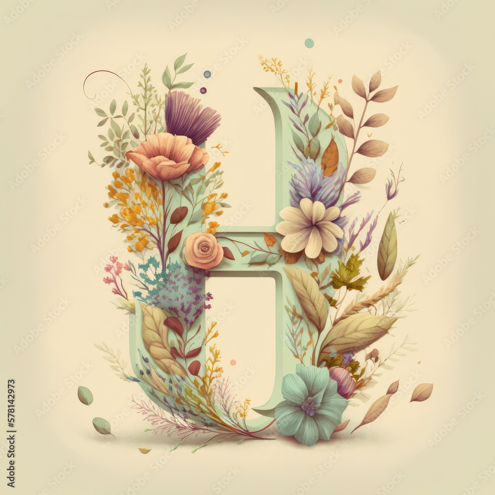 letter "H" with flower decoration pastel color palette, cartoon ...