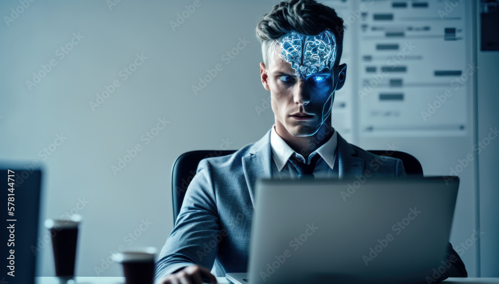 AI chatbot robot assistant sitting at desk using computer as artificial ...