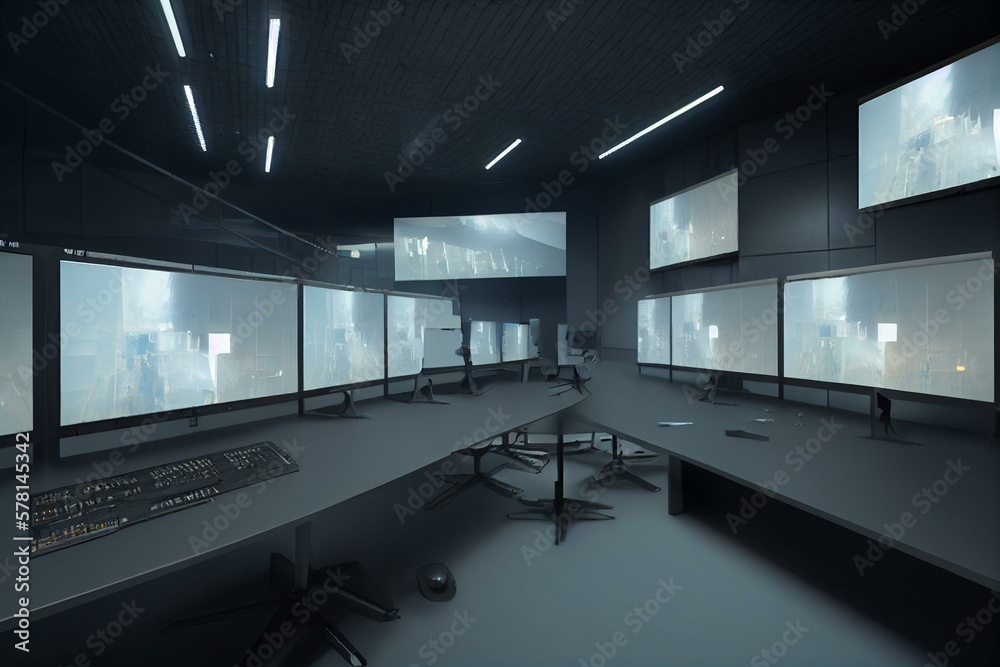 Inside of a security operations centre. Concept artwork of a secret ...
