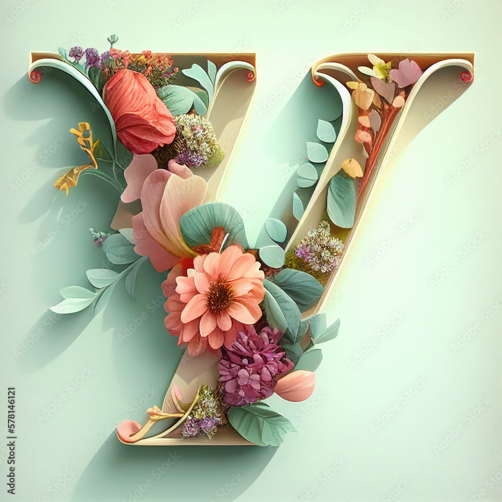 letter "Y" with flower decoration pastel color palette, cartoon ...