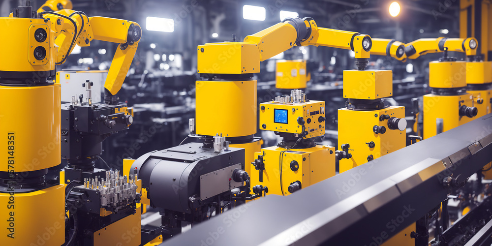 Double row of yellow industrial robots at conveyor line at a factory ...