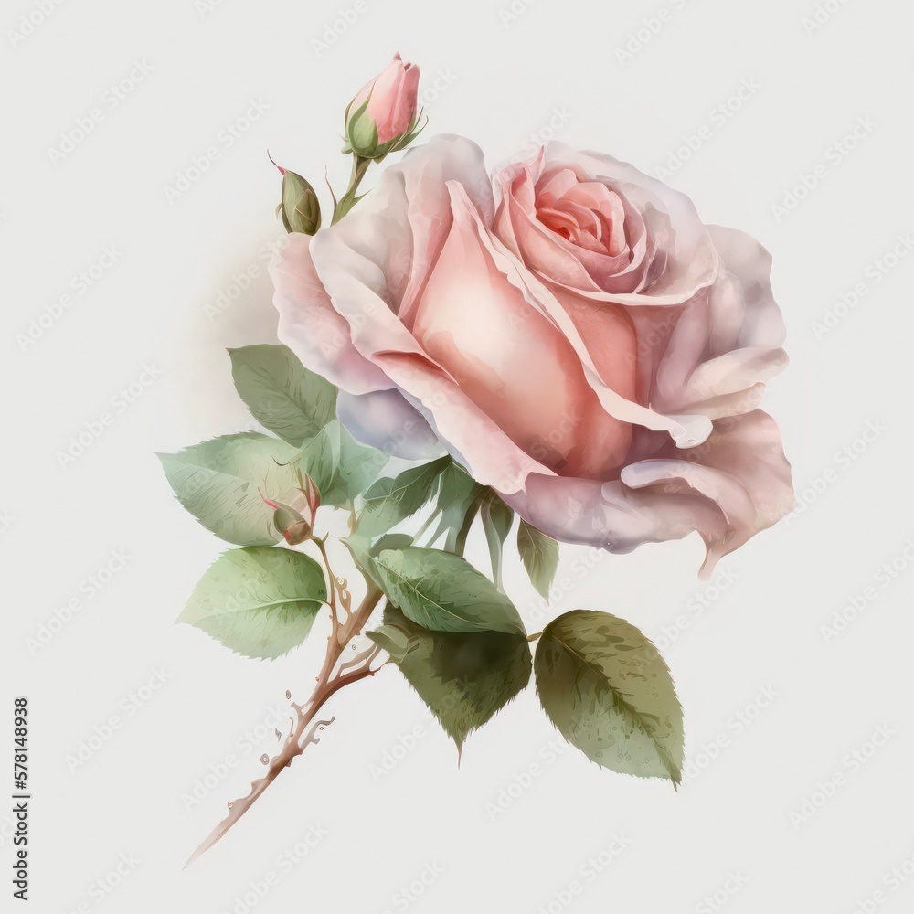 Beautiful bright pink rose flower. Watercolor cream rose on white ...