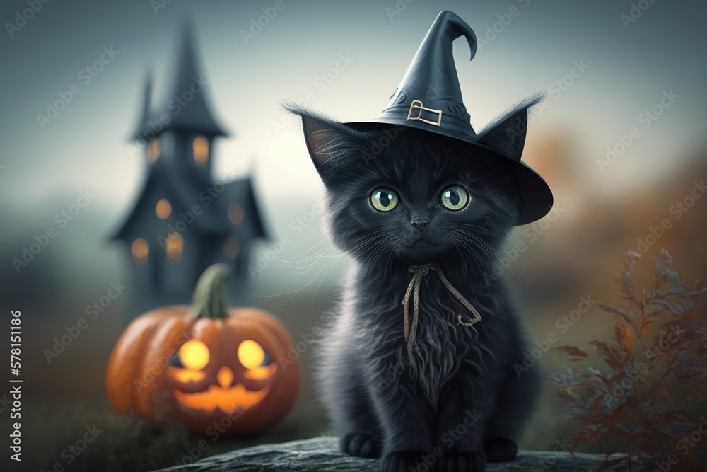 cute black cat with a witch hat and a halloween house in the background ...
