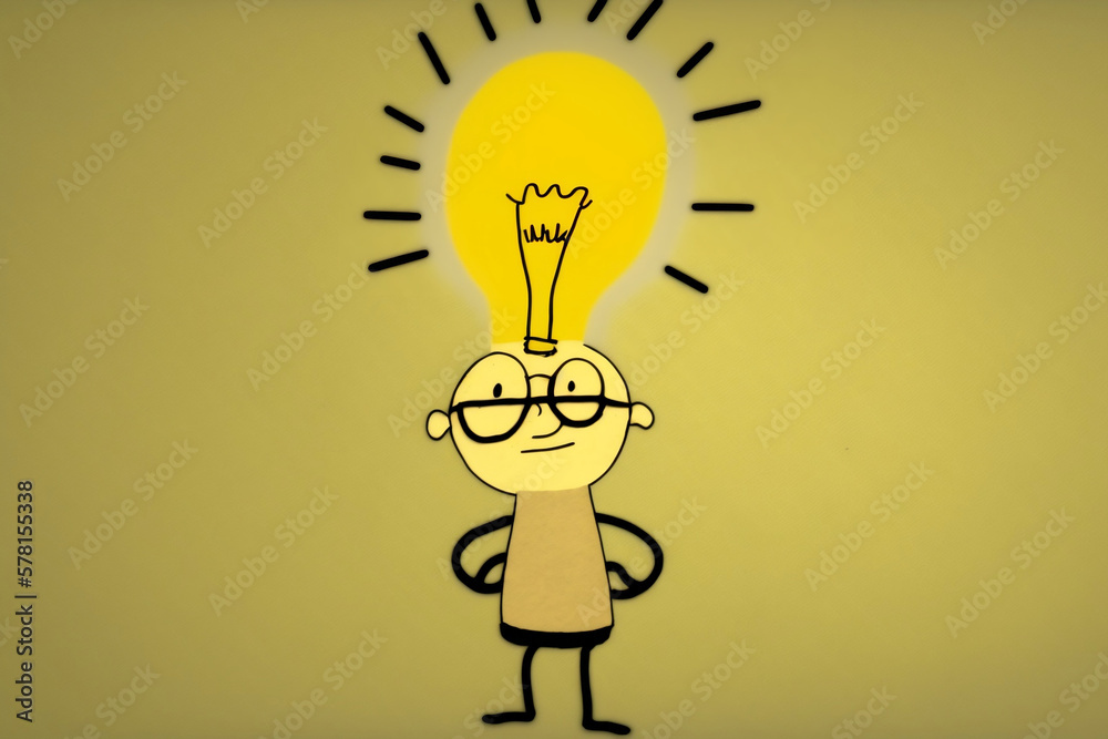 Simple line drawing character with bright ideas, concepts and ...
