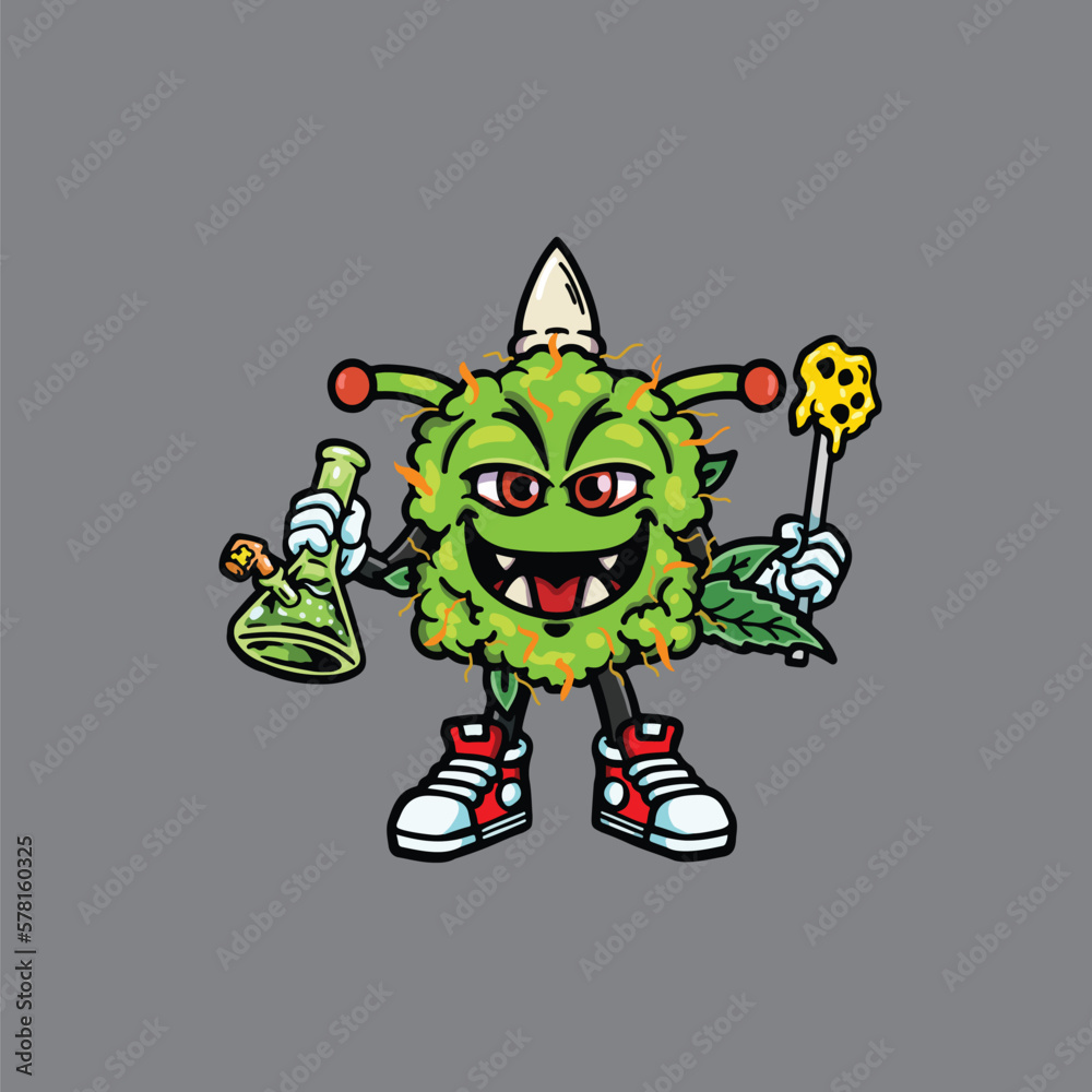 nug weed vector smoking joint and bong hold bud cartoon monster Stock ...
