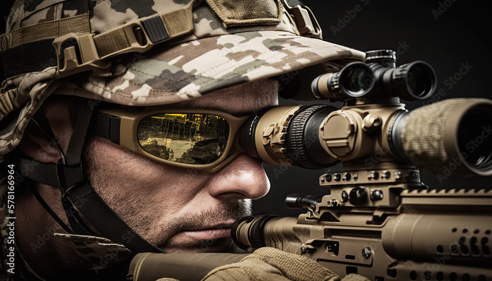 Sniper in which aiming from his modern rifle. sniper during the ...
