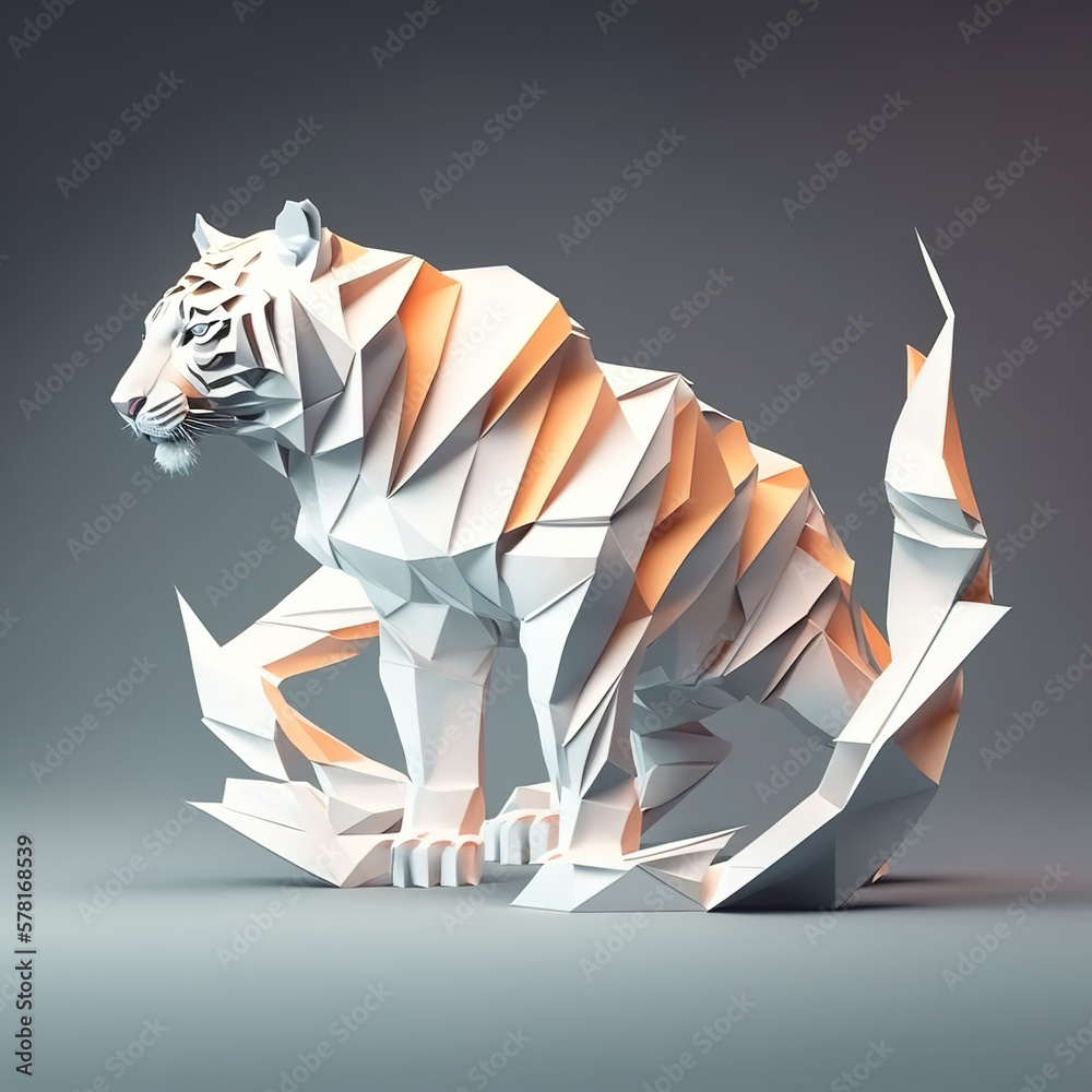 White background, hyper sharp 3D tiger, paper origami, pastel colours ...