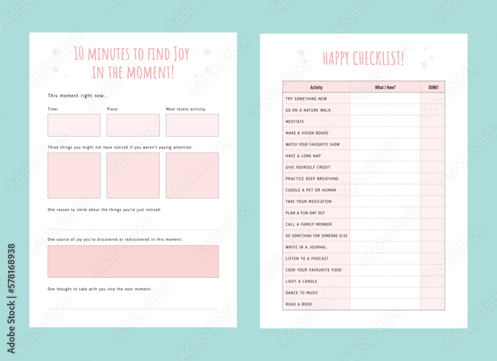 10 mins to find joy in the moment and Happy check list planner. Vector ...