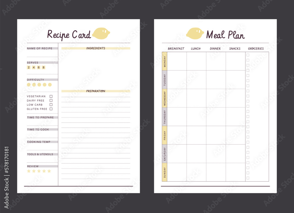 (Lemon) Recipe Card and Meal Plan Planner template. Happy Food and ...