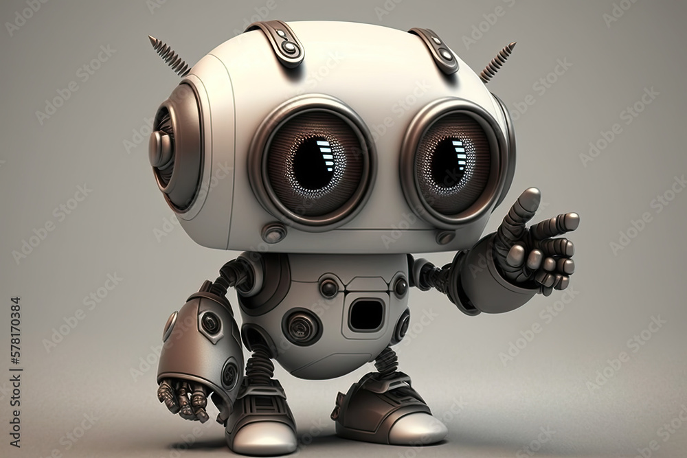 Cute robot on a white backdrop with a pointing hand and a winking eye ...