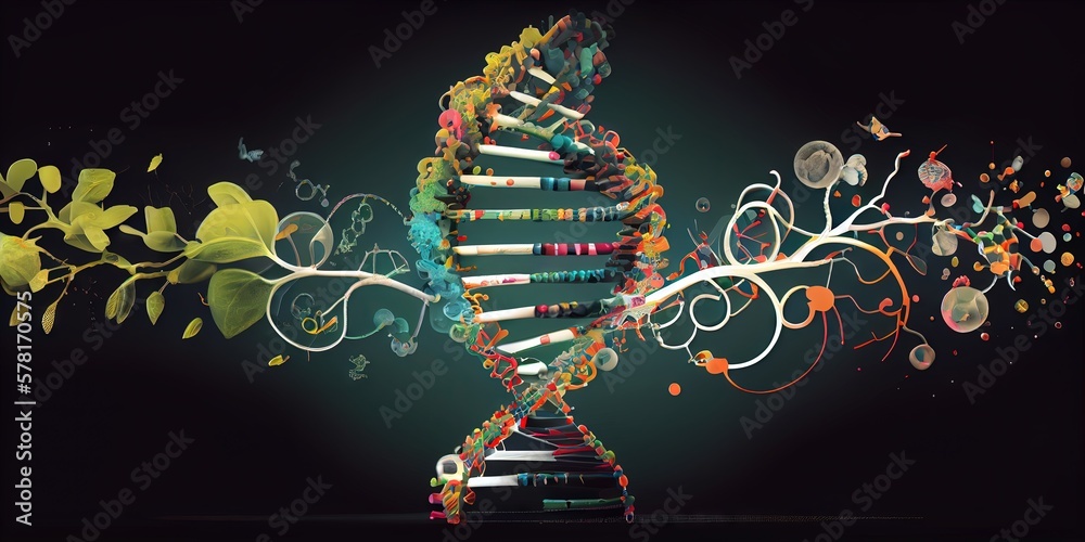 Natural DNA - double helix DNA strand with flora plant elements Stock ...