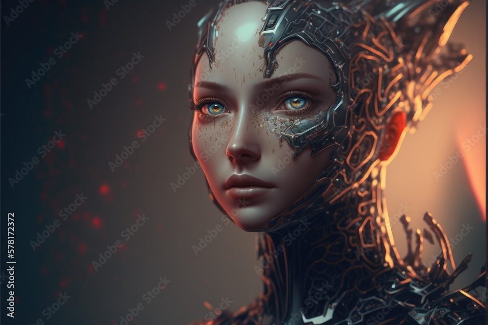 Closeup hybrid cyborg beauty transformation with a girl humanoid face ...