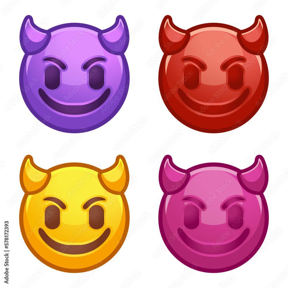 Evil devil emoji. Happy purple emoticon with devil horns, gloating ...
