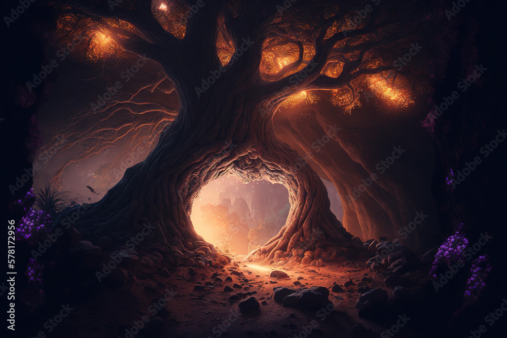 Sacred fantasy tree of life with afterlife portal gate leading to ...