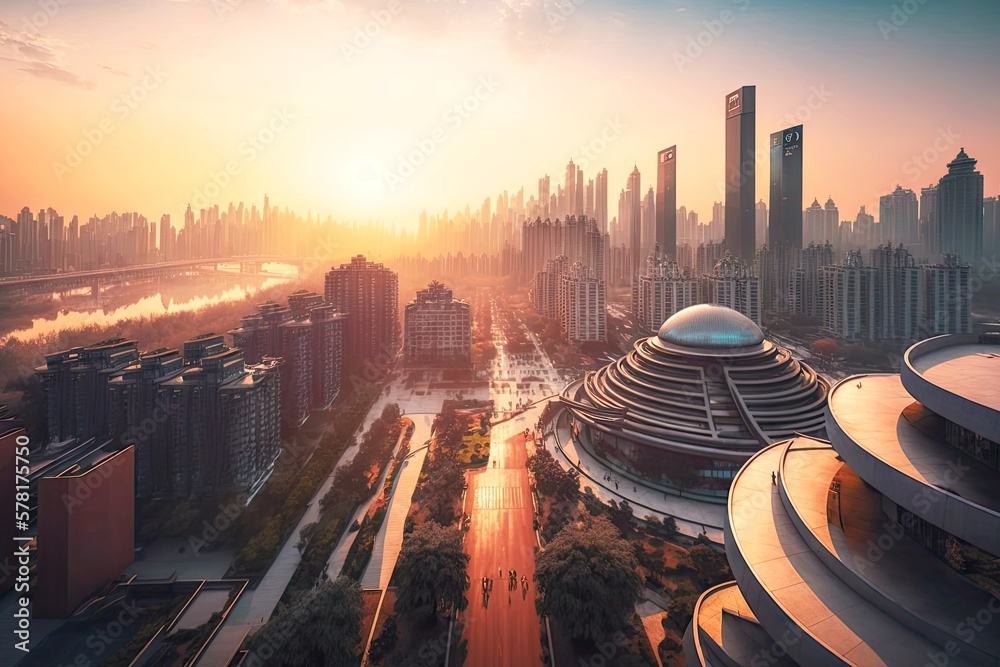 panoramic picture of beautiful modern chinese city at dawn from roof ...