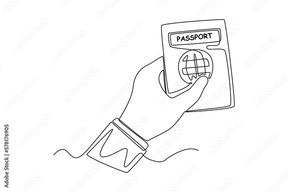 Continuous one line drawing hand holding passport. airport activities ...