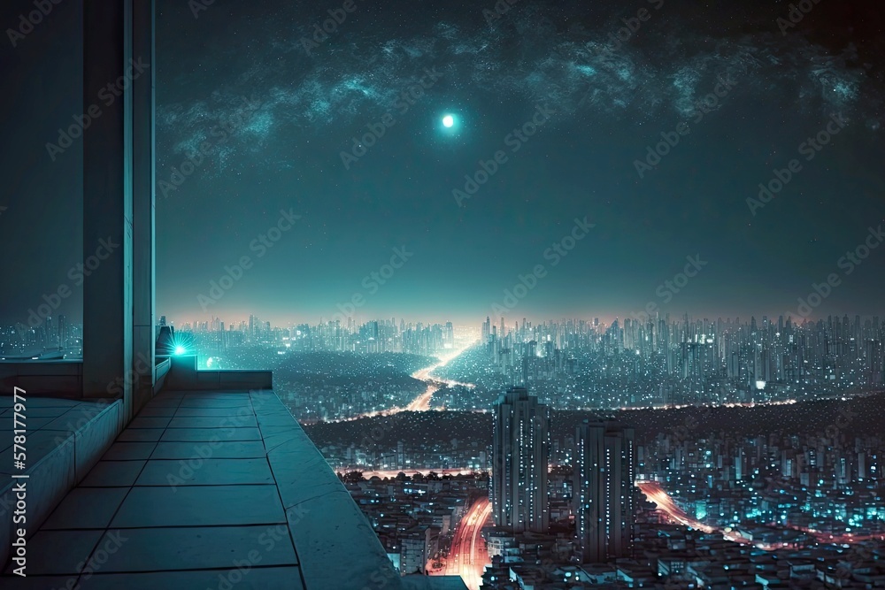 panorama of futuristic city from roof top viewpoint at night city ...