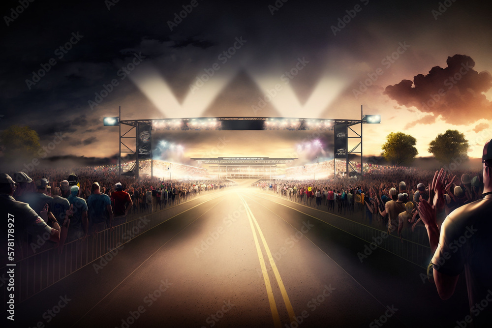 New Racing track finish line with cheering fans and illuminated ...