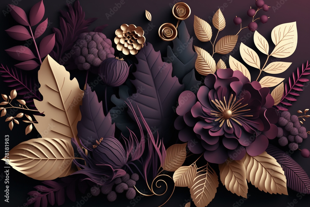 3d paper flowers and leaves background in dark plum, violet and gold ...