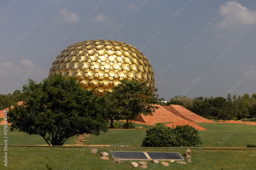 Auroville, Tamil Nadu, India - march 2023: Matrimandir, golden globe or ...