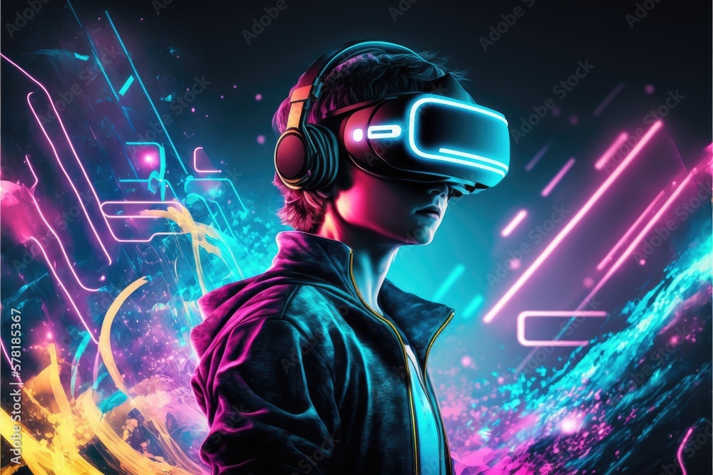 A young man in VR glasses playing video games with virtual reality headset Summit Art Creations Foto Poster Wandbilder bei EuroPosters