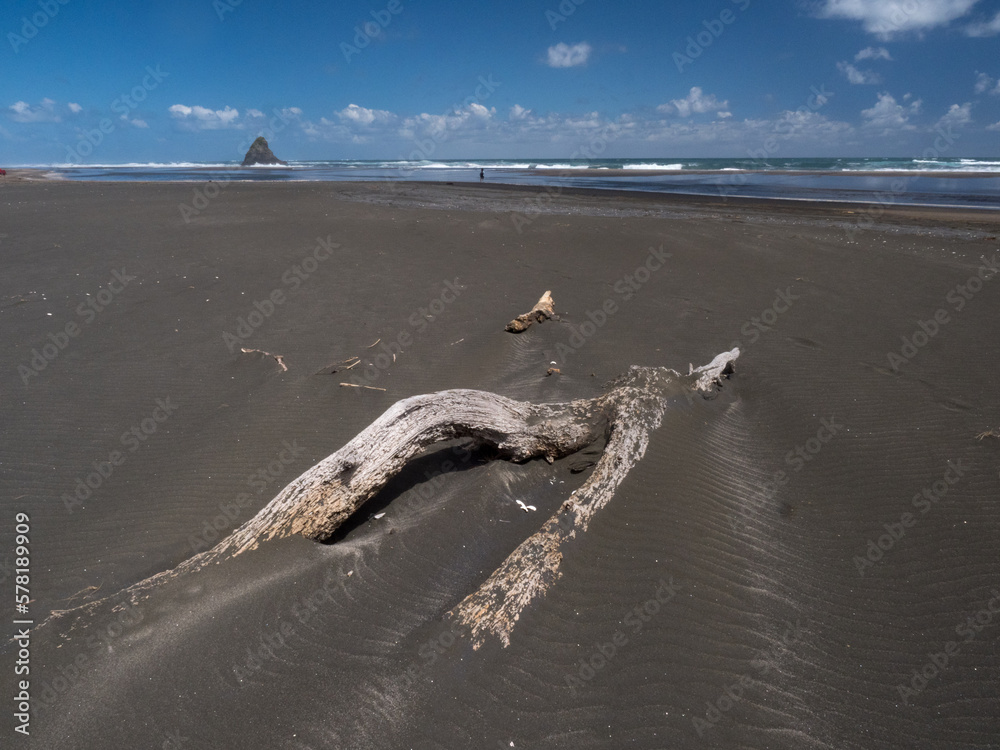 The black iron sand of Karekare beach with Parahiti picturesque rock ...