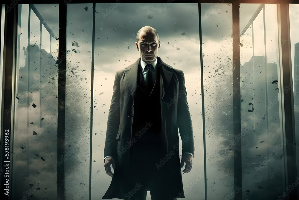 A portrait of a mature, scary head of an evil organisation, in his sky ...