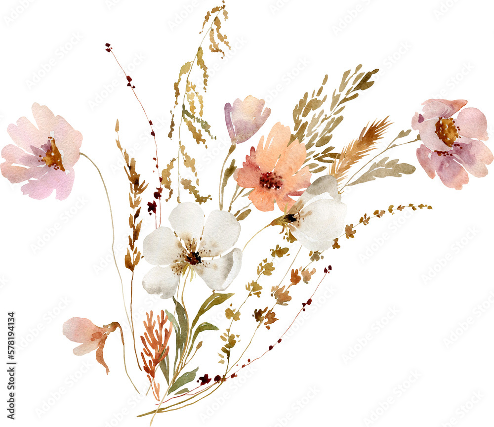 Wildflowers, herbs boho border painted in watercolor. Subtle, delicate ...