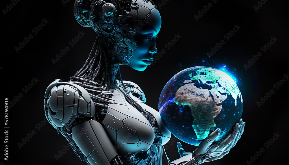 Robot ai artificial intelligence with earth,world technology security system and business ...