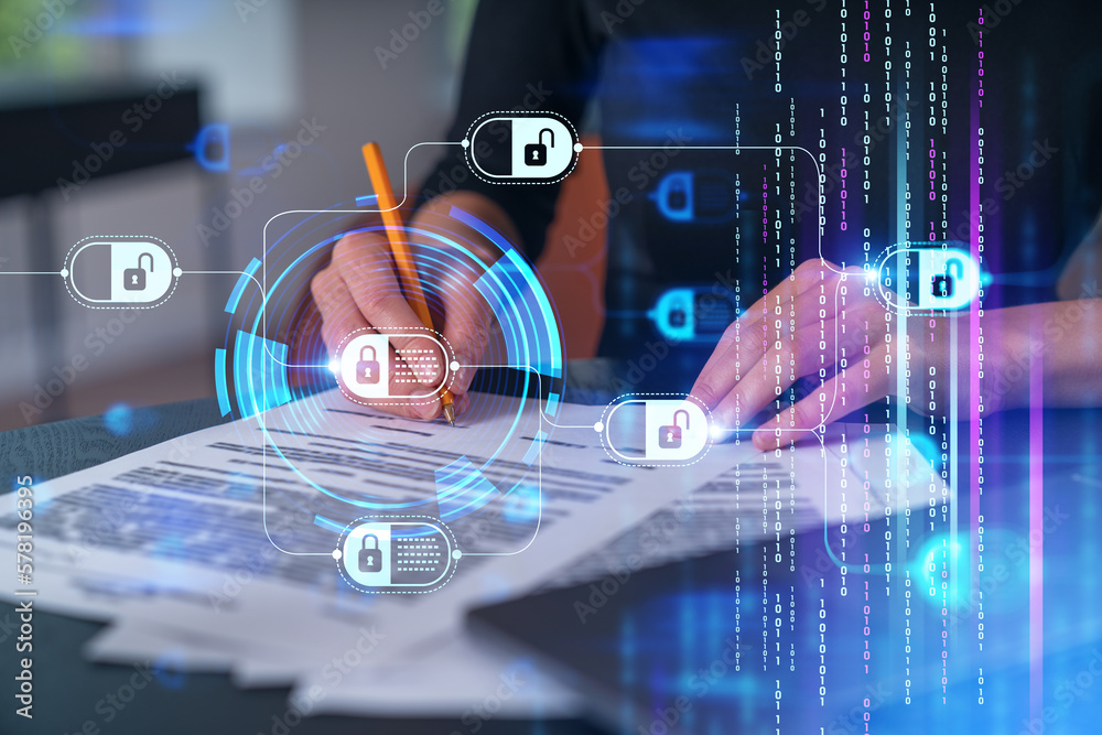 Businesswoman in formal wear taking notes signing contract at office ...