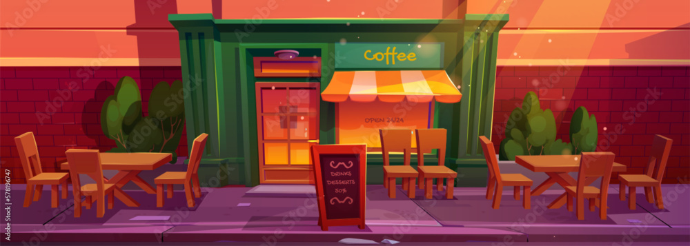 Cafe exterior with table and chair outside cartoon background. Outdoor ...