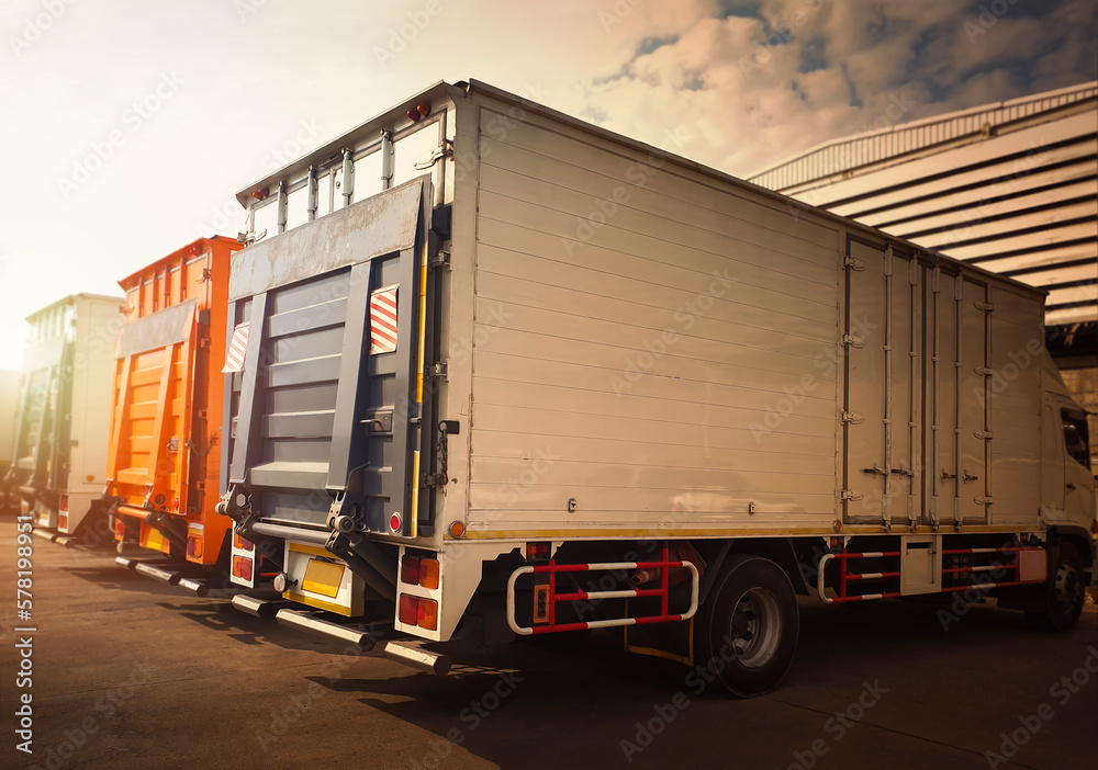 Cargo Container Trucks on Parking Lot at Distribution Warehouse ...