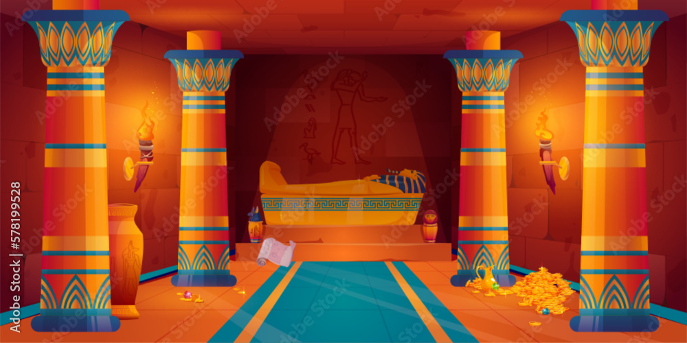Egyptian pharaoh tomb inside. Ancient pyramid or palace with ...