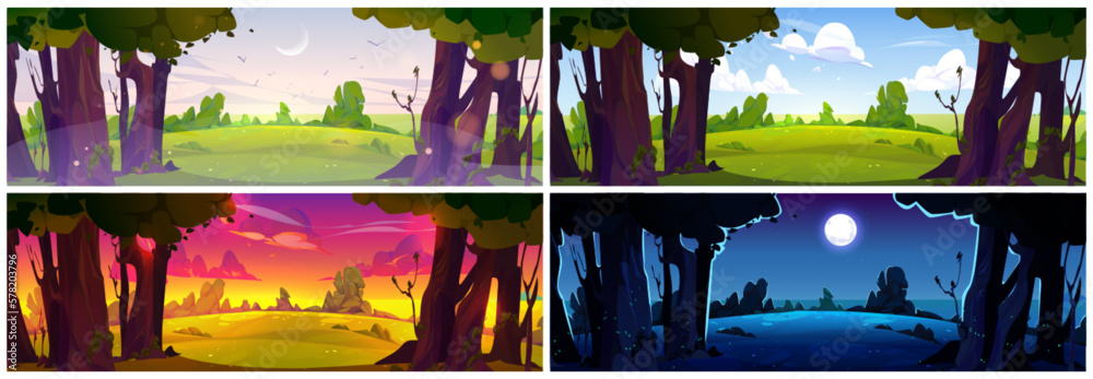 Night, day, morning and evening landscape. Summer countryside with ...