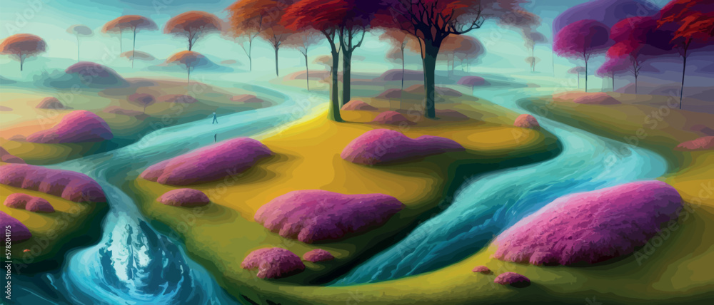 Surreal landscape with abstract colorful multicolored trees and clouds ...