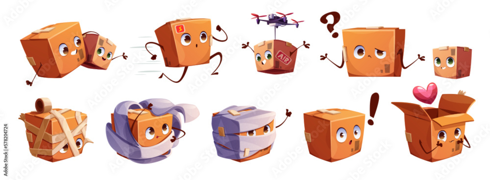 Cartoon set of cute parcel mascots isolated on white background. Vector ...