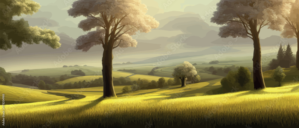 Vector illustration of beautiful summer fields Landscape with sunrise ...