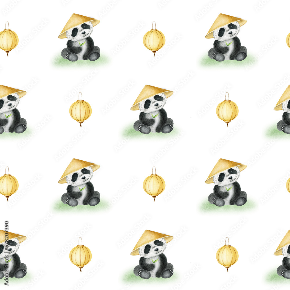 Cute panda in a traditional Chinese hat, Yellow Chinese paper lanterns ...
