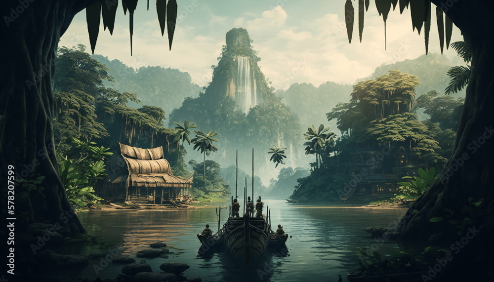 The tribe is passes through the river in the amazon jungle, Greenfields ...