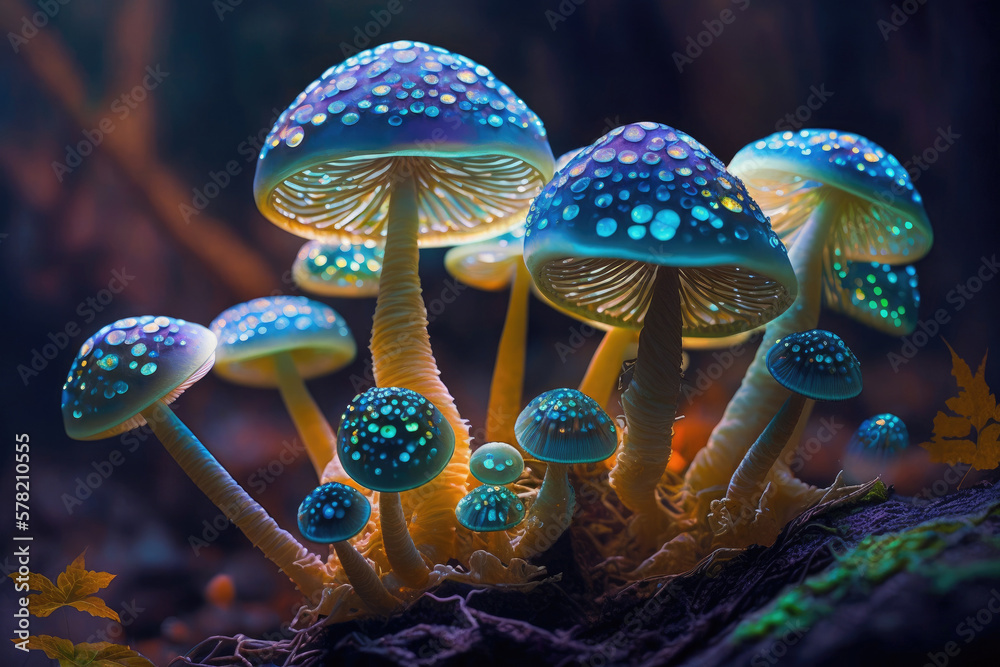 Blue fluorescent magic mushrooms Stock Illustration | Adobe Stock