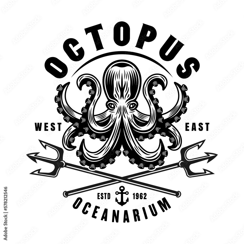 Octopus and two crossed neptune tridents vector emblem, logo, badge ...