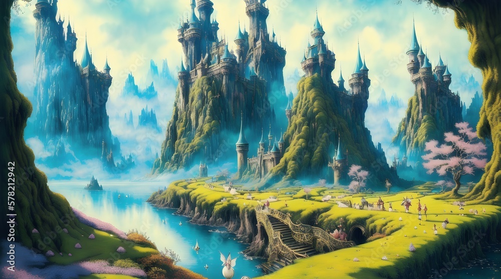 Fantasy Castle city anime art of magestic fortess in fairy land royal ...