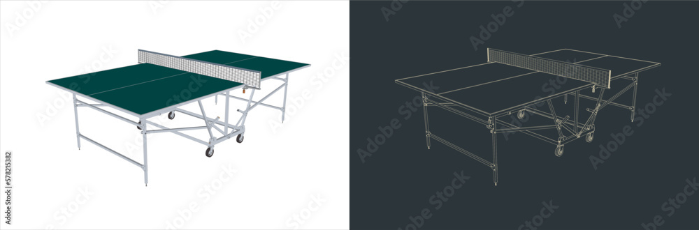 Vector Table Tennis - ping pong -Technical Illustration line art on the ...