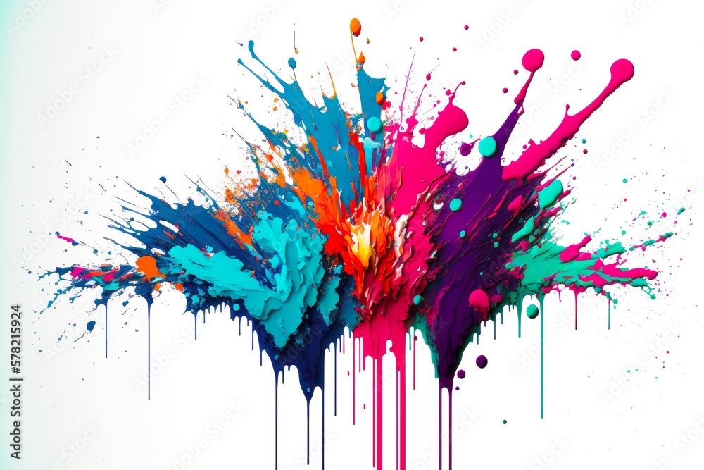 explosion of colorful paint on white background with splashes and drips ...
