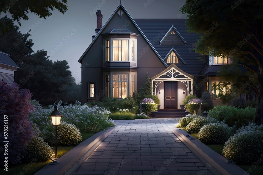 modern suburban house with paved walkways and pathways in garden ...