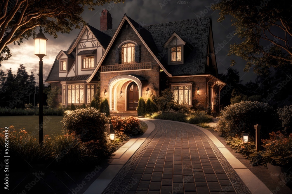 Photo & Art Print modern suburban house with paved walkways and ...