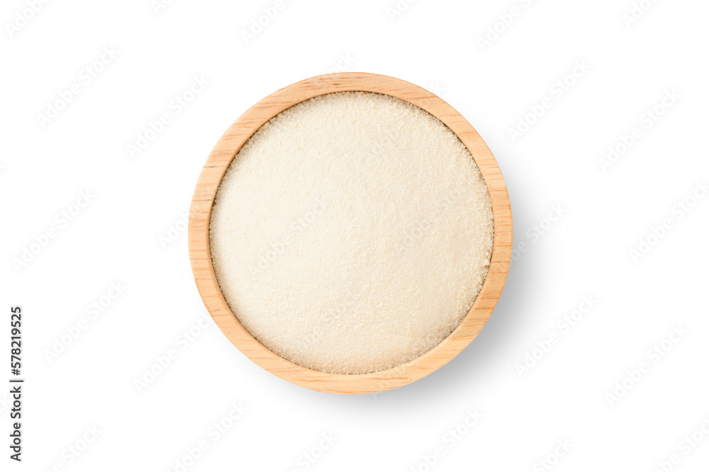 Collagen peptides powder or milk powdered in wooden bowl isolated on ...